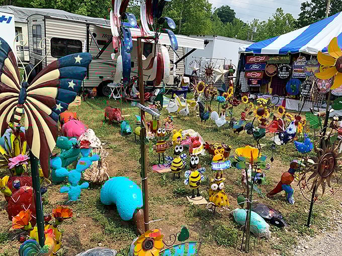 This whimsical garden menagerie proves that one person's "tacky" is another's "charming"—and that every backyard deserves at least one smiling metal sunflower or blue turtle.
