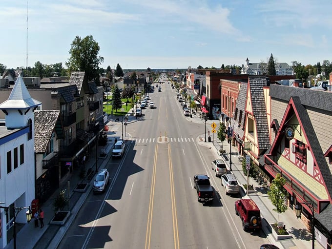 Gaylord from above reveals the perfect small-town layout—where you're never more than a five-minute drive from both wilderness adventures and comfort food.