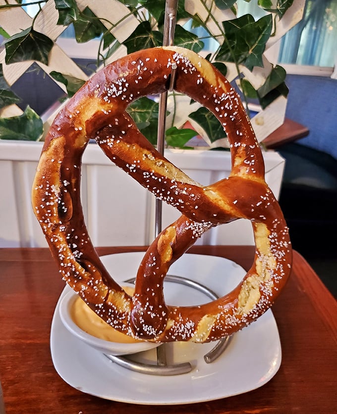 This isn't just any pretzel—it's architectural genius you can eat. Hanging there like edible art, waiting for its mustard companion.