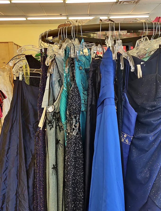 Formal gowns waiting for their next big night out, because elegance shouldn't require a second mortgage payment.