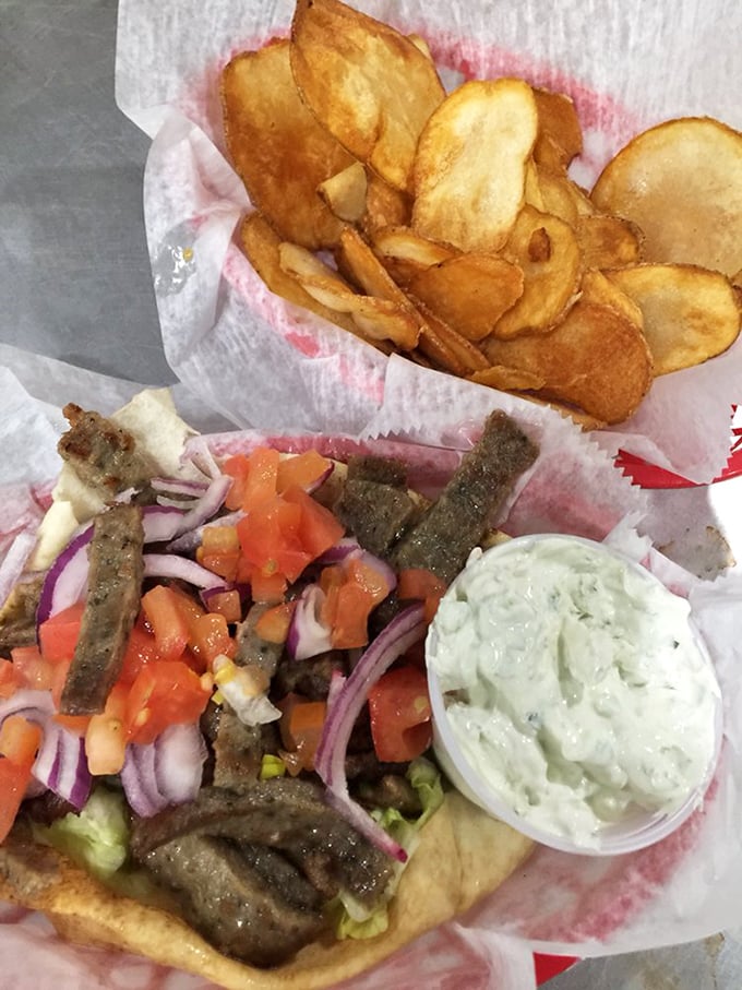 Homemade chips and gyro meat—where Mediterranean meets Midwest in a dance of flavors that would make Zeus himself order seconds.