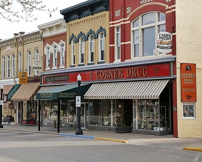 The Corner Drug and neighboring shops maintain their historic facades, creating a downtown where shopping feels like time travel with modern merchandise.