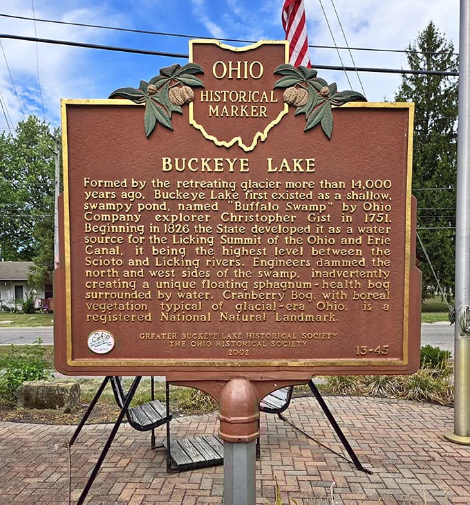 History etched in bronze: This marker reveals Buckeye Lake's surprising past—from glacial formation to canal system to beloved recreation destination.