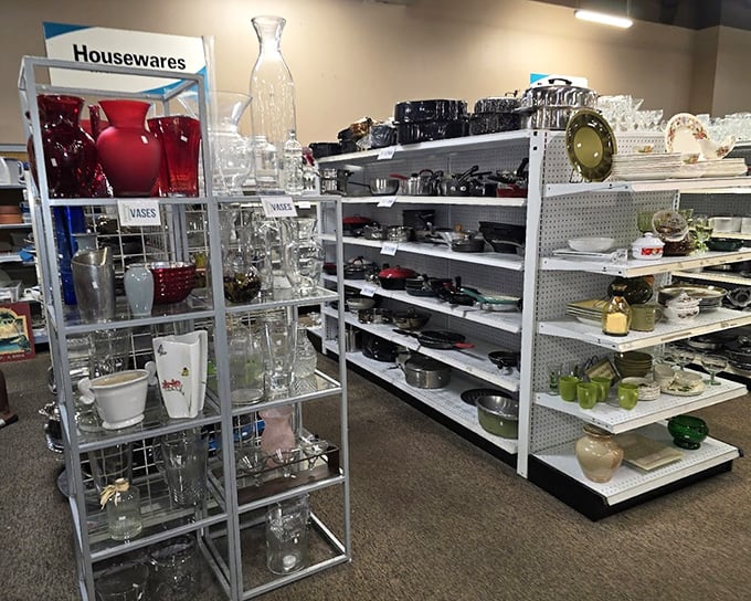 Housewares section that puts big box stores to shame. Those red glass pieces aren't just kitchen items—they're the pop of color your dining room has been missing.