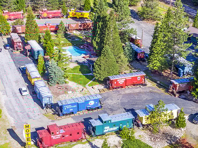 Railroad cars transformed into unique lodging at Jubilee Railroad Wilderness Lodge—where "sleeping on a train" is actually the goal, not an accidental commuter nap.