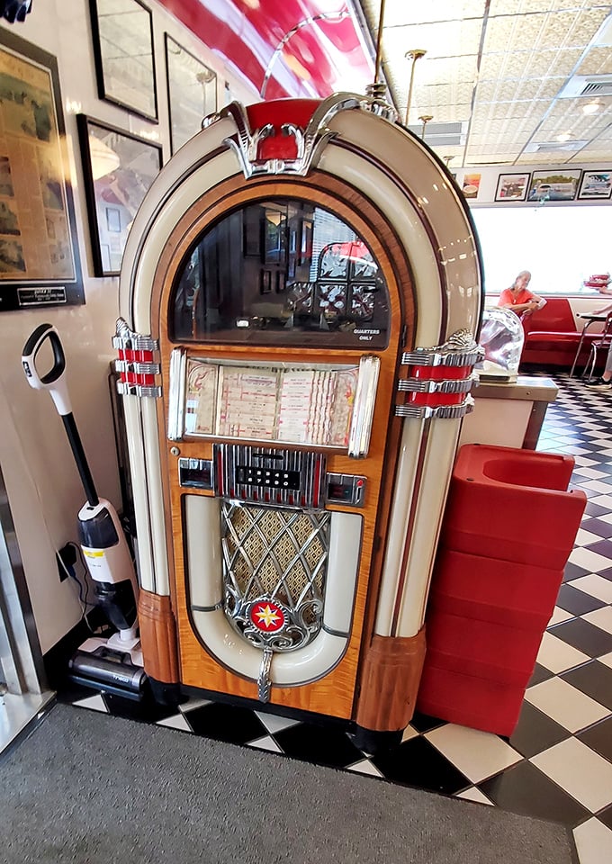No proper diner is complete without a jukebox. This beauty stands ready to provide the soundtrack to your meal—Elvis with those eggs, perhaps?