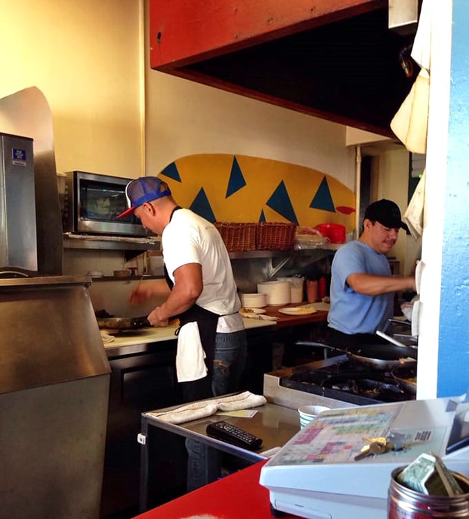 Where the magic happens—Kono's kitchen crew works their breakfast alchemy. Those potatoes don't season themselves, you know.