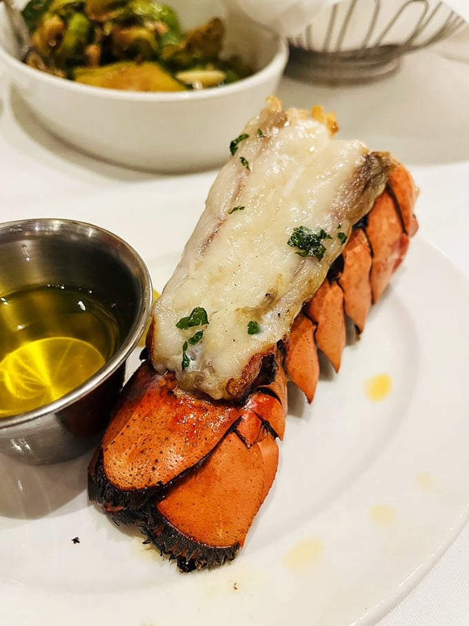 Lobster tail presented with surgical precision—sweet meat extracted intact and resting atop its shell like Neptune's gift to patient seafood lovers.