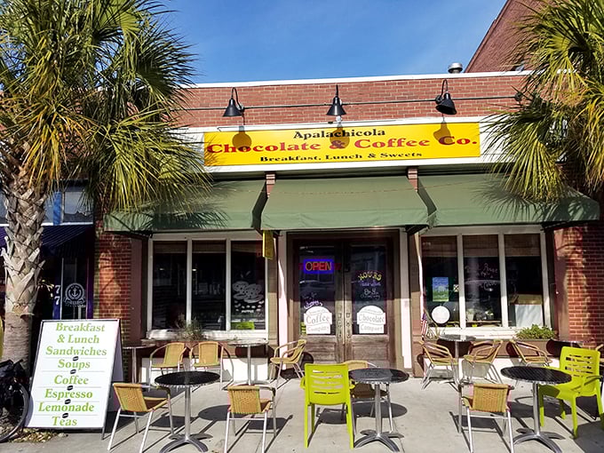 The Apalachicola Chocolate & Coffee Co. isn't just a café—it's morning salvation with a side of people-watching from cheerful sidewalk seats.