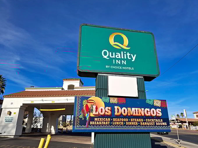 Los Domingos Restaurant promises authentic Mexican cuisine beneath the Quality Inn sign – a reminder that culinary treasures often hide in plain sight.