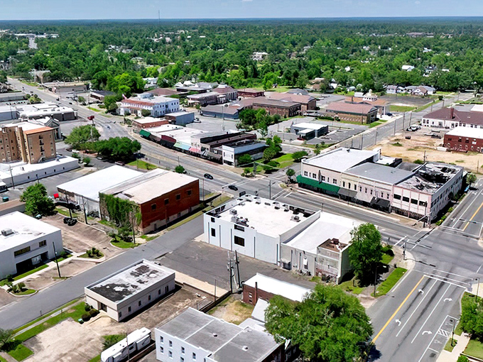 From above, Marianna reveals itself as a perfect patchwork of green spaces and historic buildings—small-town Florida at its most authentic.