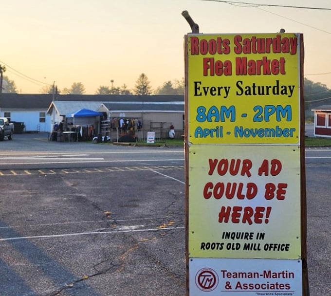 The sign says it all—Saturdays are sacred at Root's. Mark your calendars and set your alarms; treasures wait for no one.