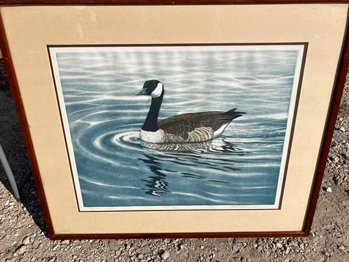 Goose art extends beyond Maxie herself, with framed waterfowl imagery completing Sumner's commitment to its feathered theme.