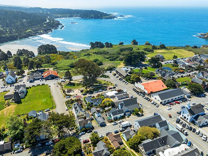 From above, Mendocino reveals its perfect proportions—a village that understood the assignment of balancing human scale with natural grandeur.