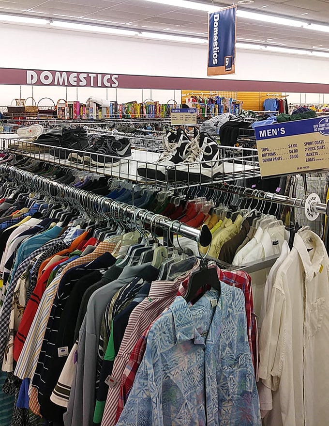 Men's department: where dress shirts and casual wear hang in democratic fashion. That Hawaiian shirt is just waiting for its second chance.