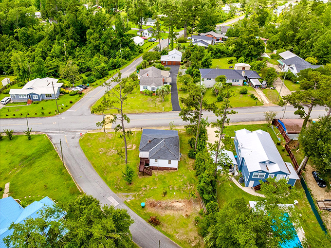 From above, Chattahoochee reveals its true character – modest homes nestled among towering trees, where nature and neighborhood exist in perfect balance.