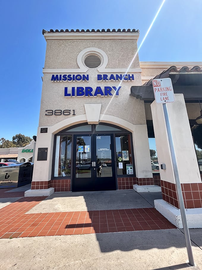 The Mission Branch Library's Spanish-inspired architecture houses literary adventures for those rare cloudy days when beach reading requires a roof.