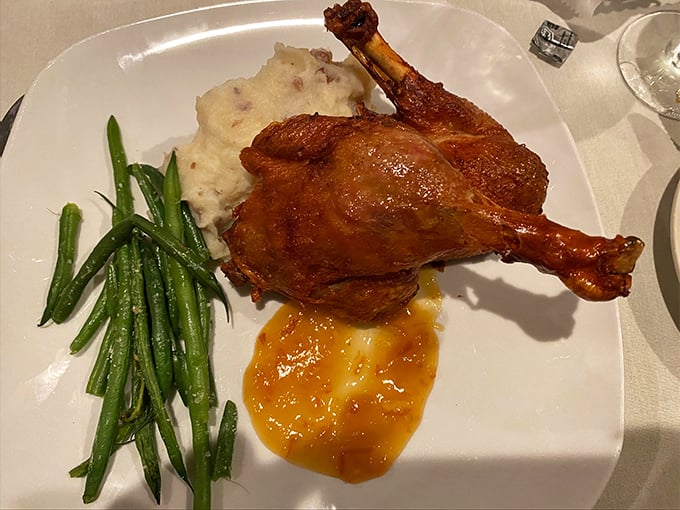 Duck that's roasted to such perfection, it makes you wonder if it volunteered for the job. Those green beans provide the perfect counterpoint.