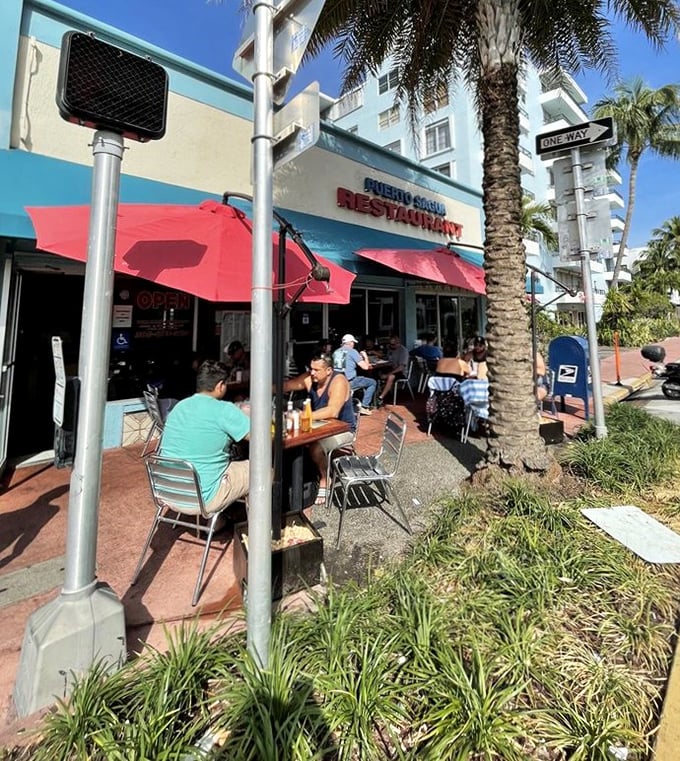 Sidewalk seating under Miami's palms—where the gentle breeze carries hints of garlic, coffee, and conversations in Spanglish.