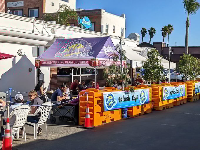 The outdoor setup lets you enjoy your chowder al fresco – because everything tastes better with ocean air seasoning.
