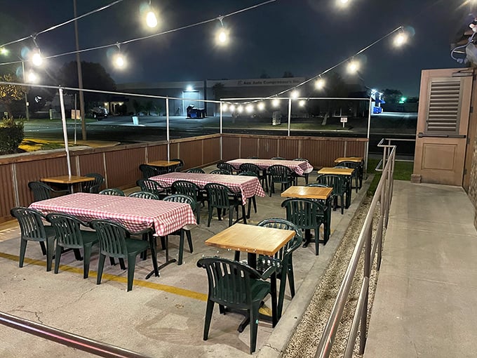Outdoor seating under string lights – because BBQ tastes even better with a side of fresh air and California evening breezes.