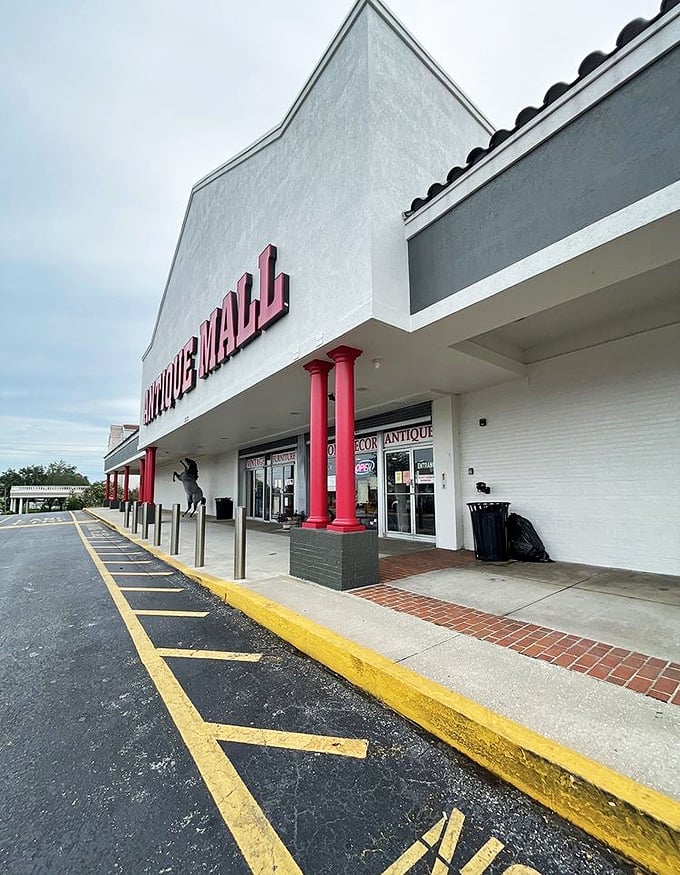 The distinctive façade with its bright columns makes the Lakeland Antique Mall impossible to miss, like a beacon for bargain hunters everywhere.