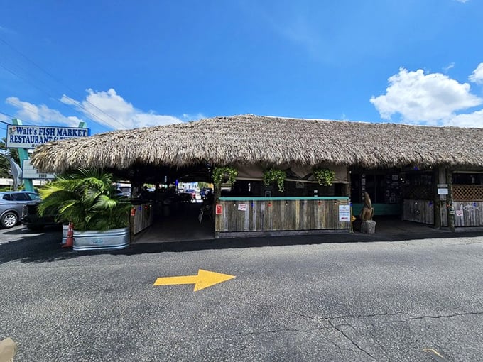 Morning light bathes the entrance in golden warmth, the thatched roof standing ready for another day of seafood magic in Sarasota.