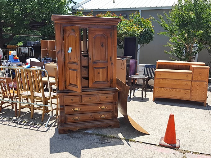 Outdoor furniture displays beckon from the parking lot—that solid wood armoire has weathered Texas summers and still looks better than anything from a big box store.