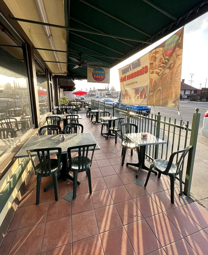 The patio seating area—perfect for people-watching while debating whether you have room for that cinnamon roll after your chicken fried steak.