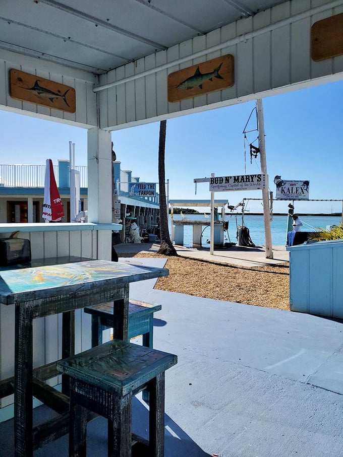 The outdoor seating offers glimpses of paradise beyond—where the water is as blue as the restaurant's color scheme and just as inviting.