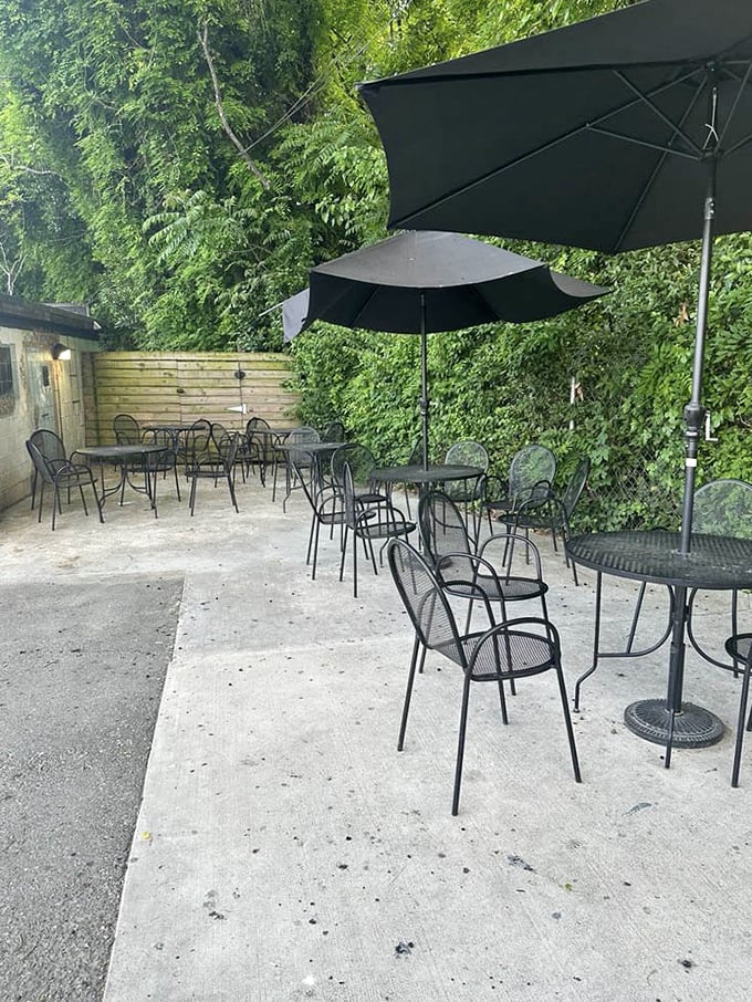 More outdoor seating beckons on warmer days—a hidden garden oasis where you can enjoy your cannoli while contemplating absolutely nothing important.