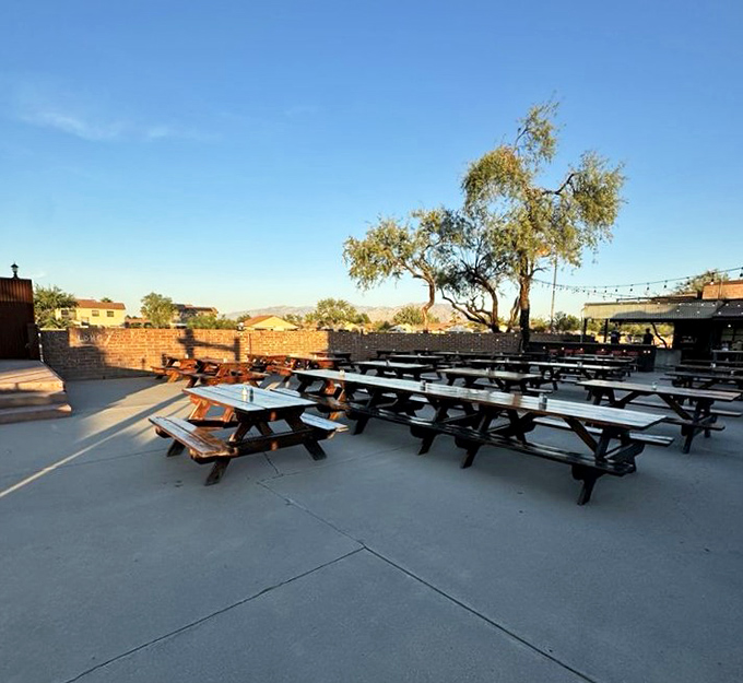 The outdoor seating area doesn't just offer fresh air—it offers perspective. Mountains in the distance remind you why people fell in love with Arizona in the first place.