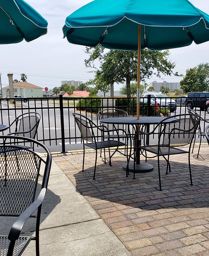 The outdoor seating area offers fresh air with your fresh-squeezed orange juice – a civilized way to ease into a day of beach adventures.