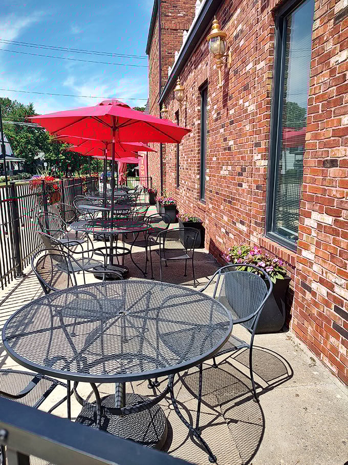 When Indiana weather cooperates, the cafe's outdoor seating offers fresh air, red umbrellas, and the perfect perch to watch Danville life unfold at a Mayberry pace.