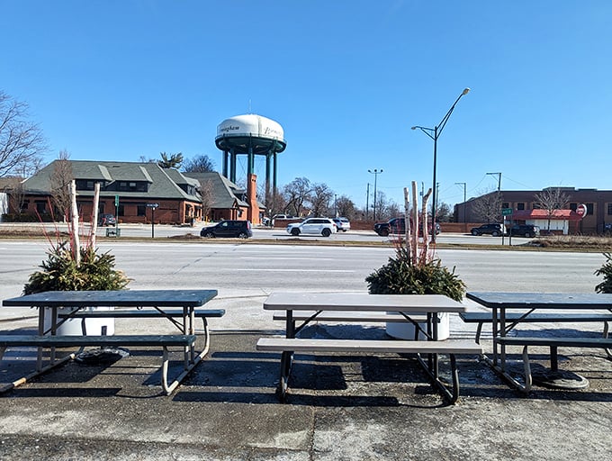 Outdoor picnic tables await fair-weather diners—because sometimes a burger this good deserves to be enjoyed in the Michigan sunshine.