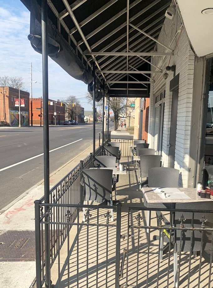 Sidewalk seating for those rare Ohio days when the weather is just right. Urban breakfast theater with a side of people-watching.