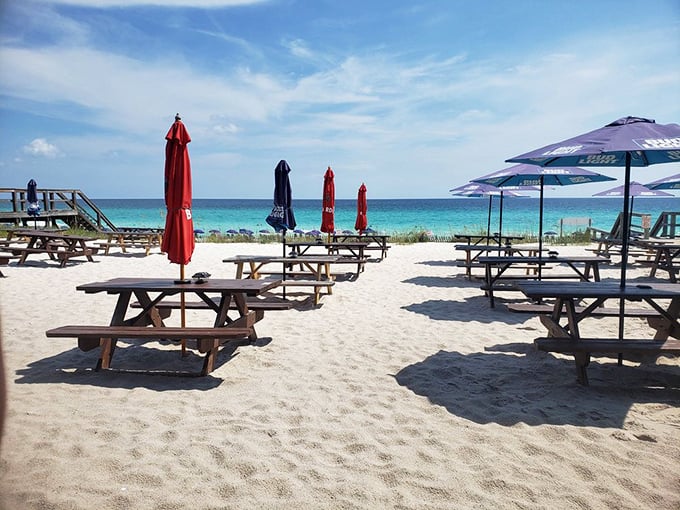 Beach dining at its purest – picnic tables on sugar-white sand with the Gulf of Mexico providing the soundtrack. Nature's dining room.