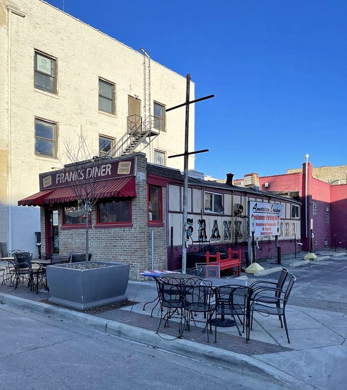 The full view reveals Frank's Diner in all its glory—a dining car that found its forever home in Kenosha, serving comfort food that makes the journey worthwhile.