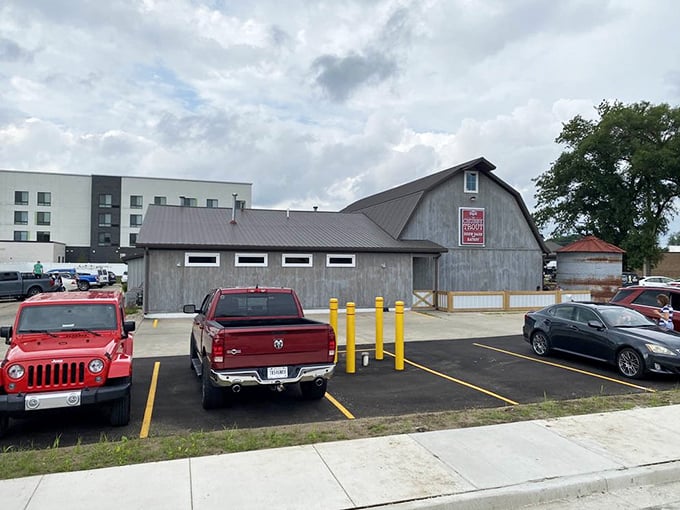 From this unassuming barn-inspired exterior, you'd never guess the seafood treasures waiting inside – Indiana's best-kept secret hiding in plain sight.