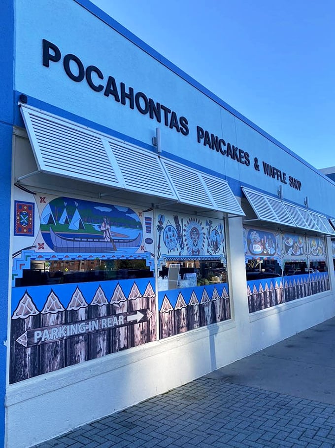 Morning light catches the blue-and-white façade, creating a breakfast beacon that's impossible to miss—and even harder to pass by without stopping.