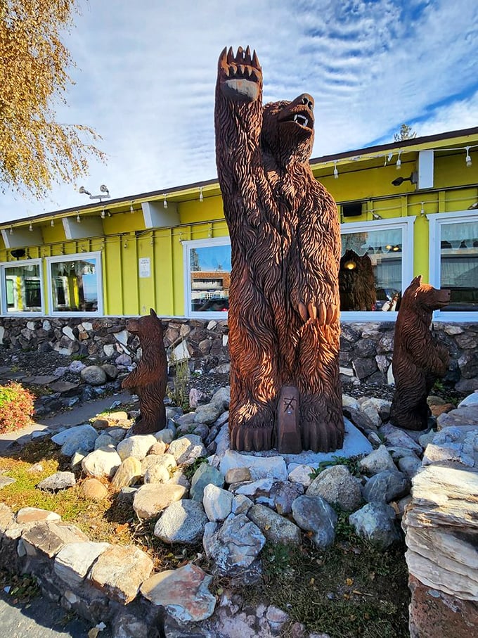 Wooden bear sculptures welcome visitors outside—a fitting Sierra Nevada greeting before you hibernate at your table with a stack of pancakes.