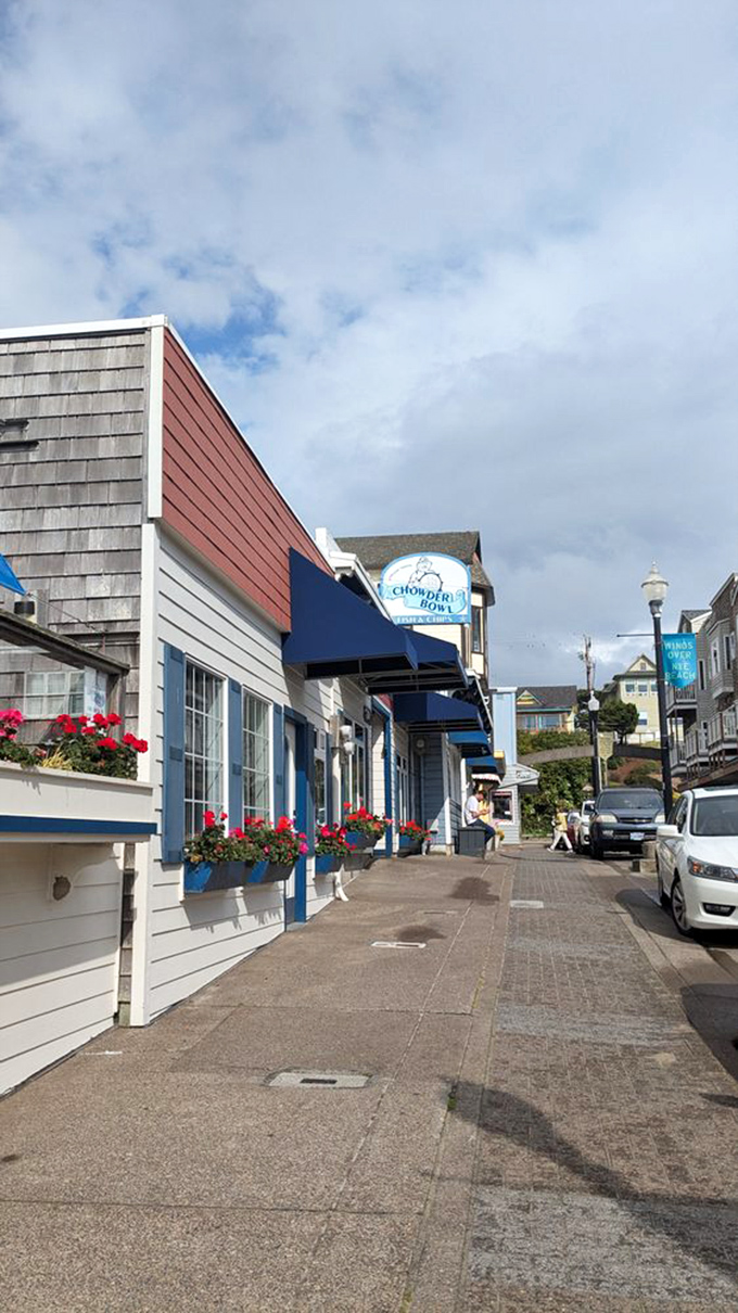 The street view that's launched a thousand appetites. Red flower boxes and blue awnings create the quintessential Oregon coast dining destination.
