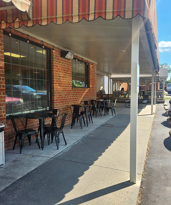 The outdoor seating area offers a front-row seat to small-town life while you contemplate ordering seconds—which you absolutely will.