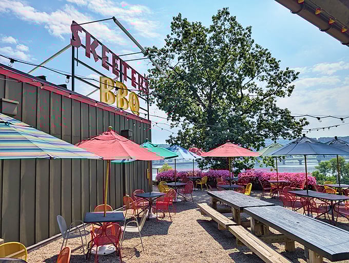Outdoor seating with umbrellas as colorful as the conversation—where BBQ meets fresh air for a perfect Pennsylvania afternoon.
