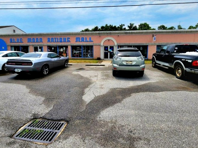 The unassuming parking lot hides the wonderland within. Like all the best adventures, Blue Moon Antique Mall doesn't give away its secrets from the outside.