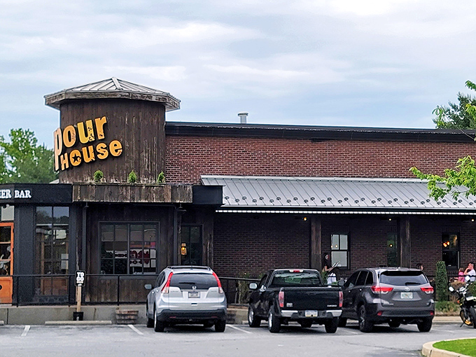 Even from the parking lot, The Pour House's distinctive silhouette promises good times ahead. That wooden tower has become a landmark for food lovers throughout Exton.