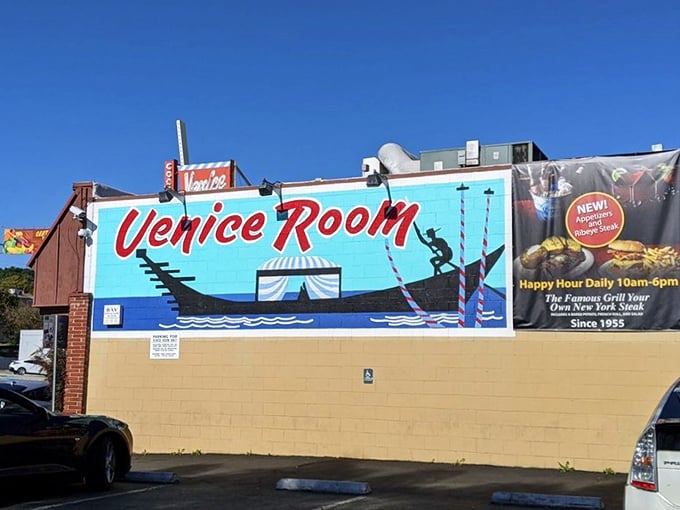 The mural proudly proclaims what insiders already know—this is where you come to "Grill Your Own New York Steak" in a slice of preserved California dining history.