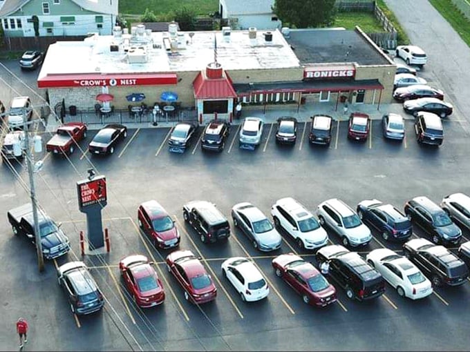 The aerial view reveals what locals already know – a packed parking lot is the most honest review a restaurant can get. No filter needed.