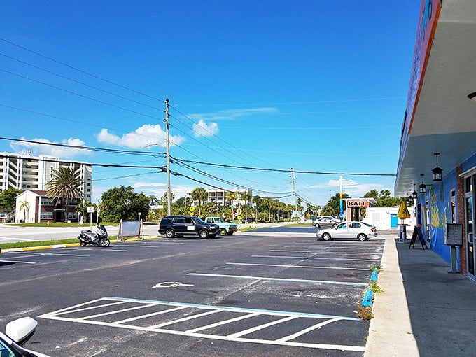 The view from Brenda's parking lot reminds you you're in Florida. Blue skies and palm trees – the perfect setting for post-breakfast contentment.