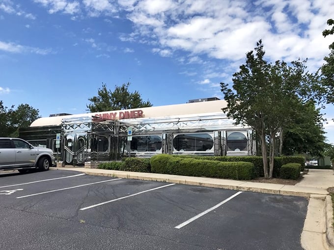 From the parking lot, The Shiny Diner gleams like a silver beacon of hope for hungry travelers – promising good food and zero pretension.